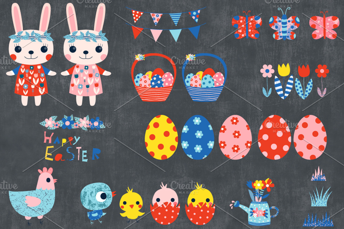Cute Happy Easter clipart set, an Animal Illustration by Pravokrugulnik