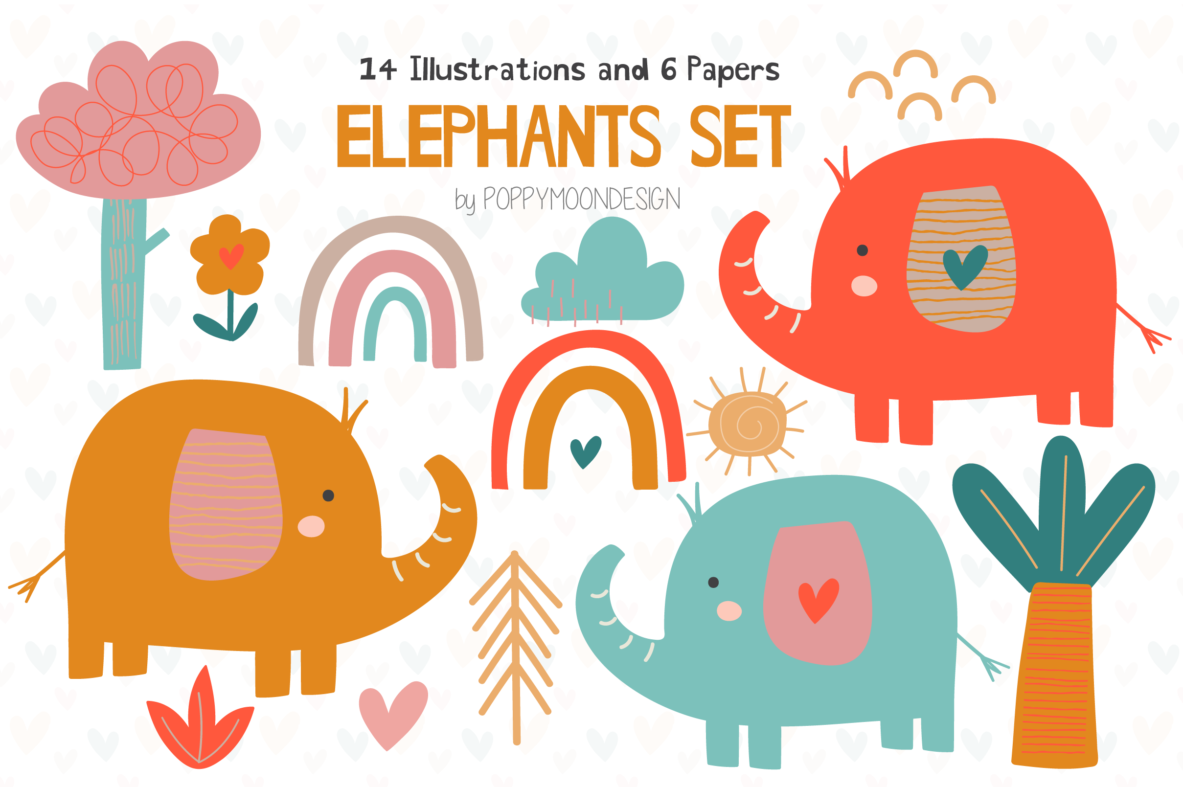 Elephants clipart and Paper set, an Animal Illustration by Poppymoondesign