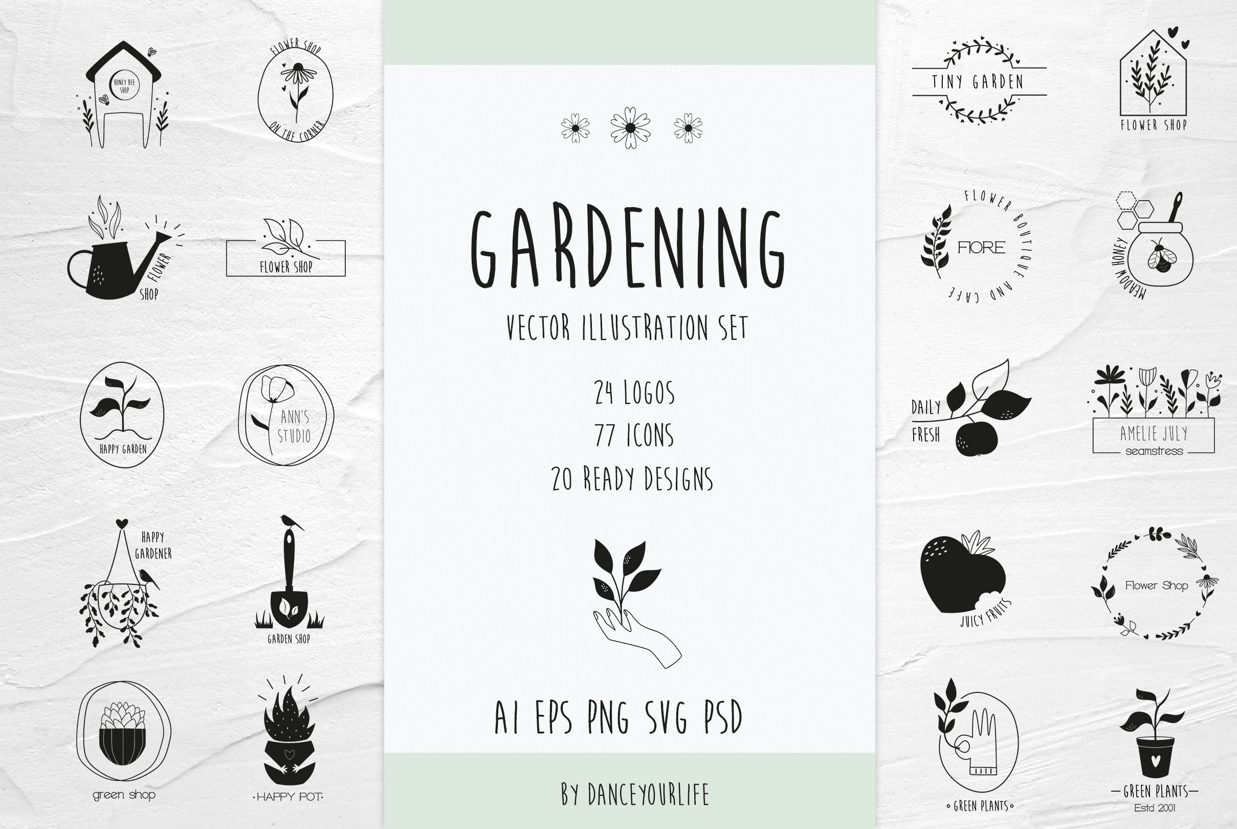 Hand drawn gardening logos set