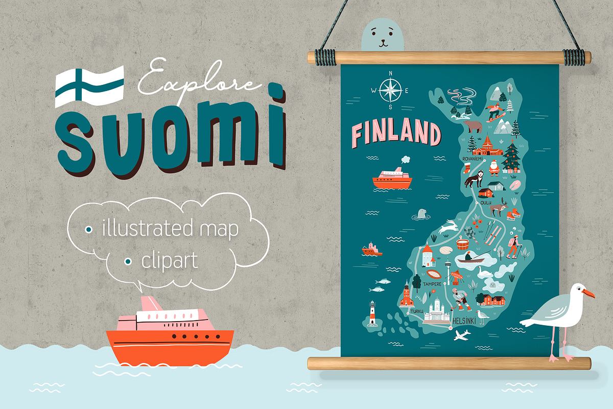 Explore Suomi. Map of Finland, an Object Illustration by helenreveur ...