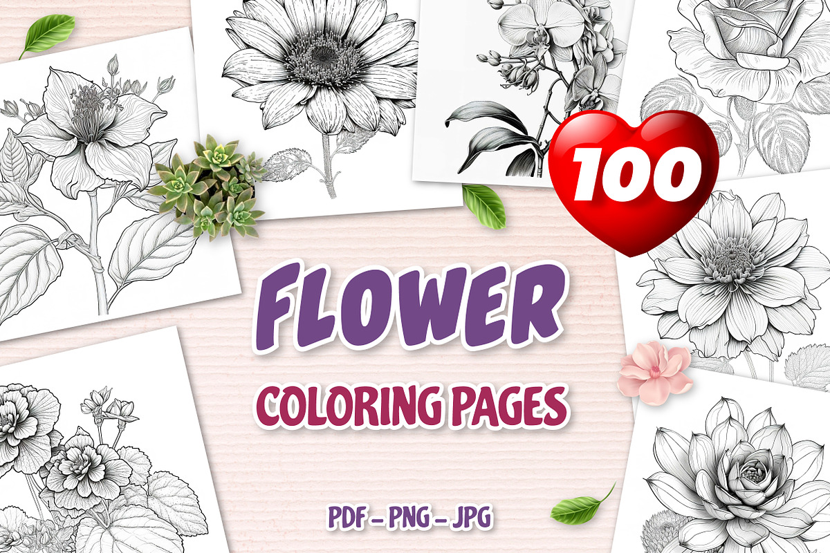 100 Beautiful Flower Coloring Pages, a Decorative Illustration by Blue ...