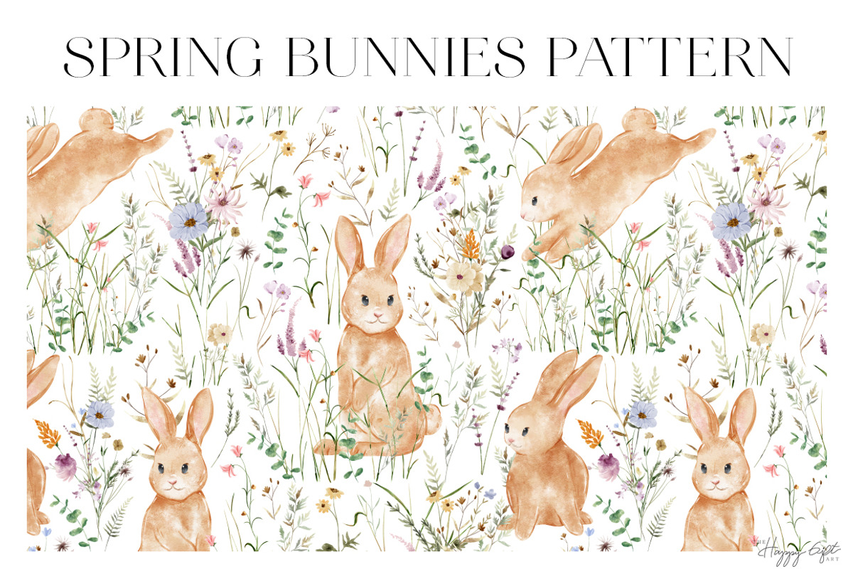 Spring bunnies seamless pattern, an Illustration by TheHappyGiftArt