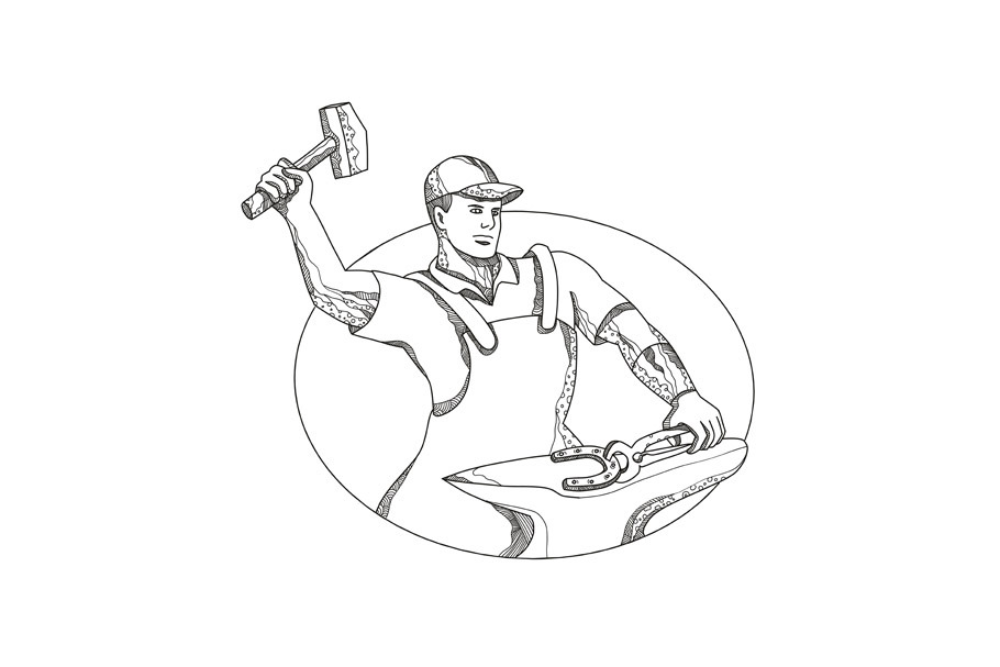Farrier Wielding Hammer Oval Doodle, an Illustration by patrimonio