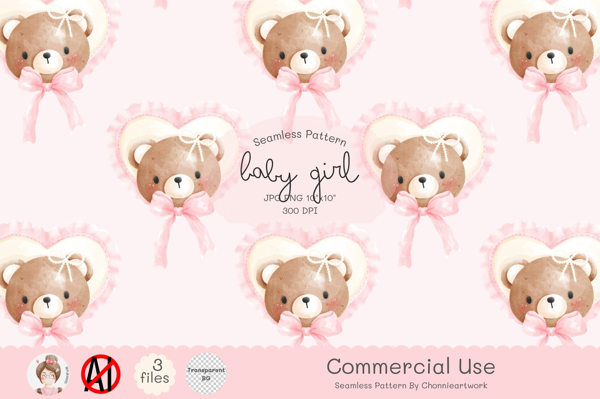 Coquette Teddy Bear Seamless Pattern, a Pattern Graphic by Chonnieartwork