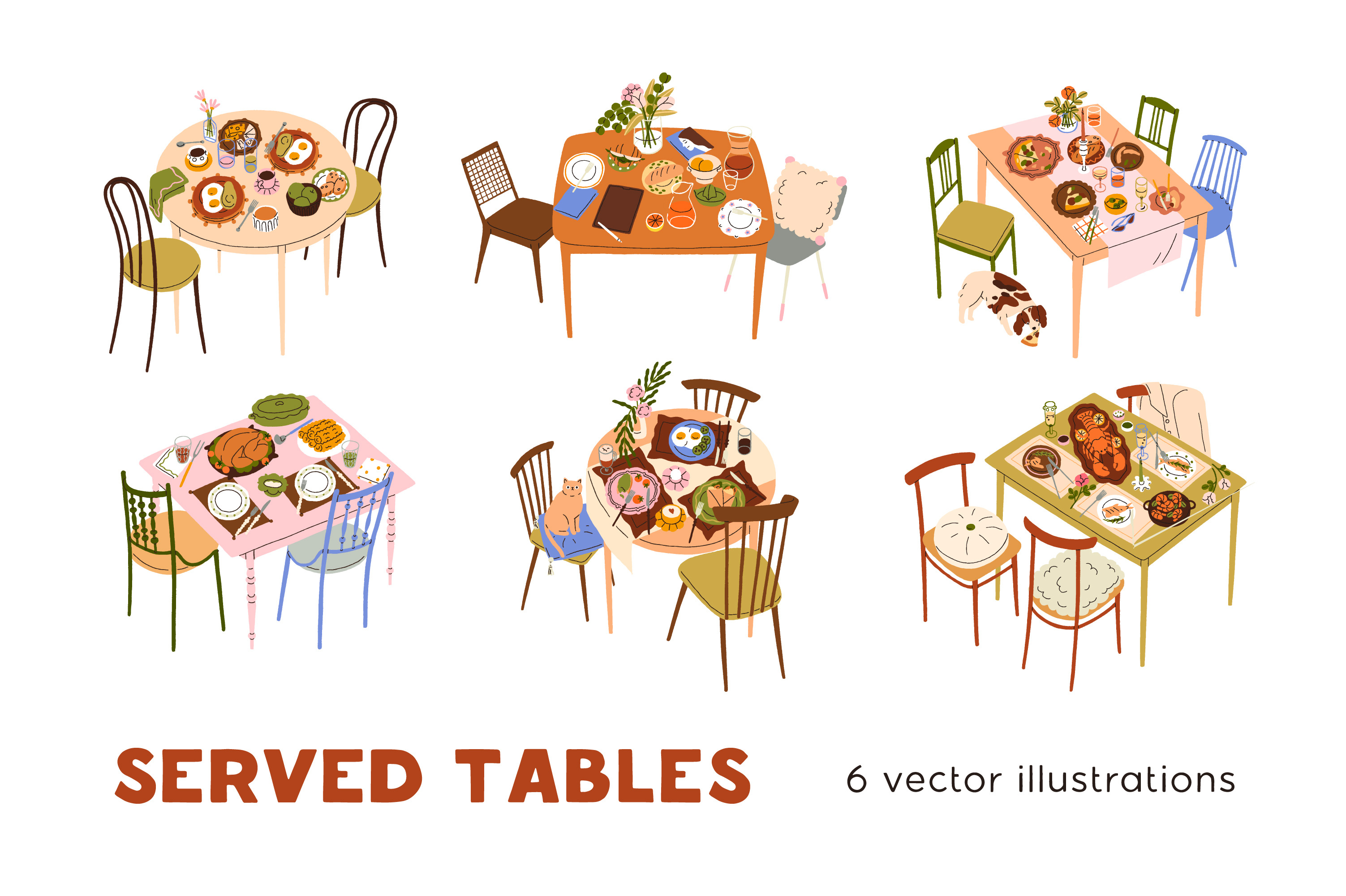 Dining tables served with food, a Food Illustration by Good Studio