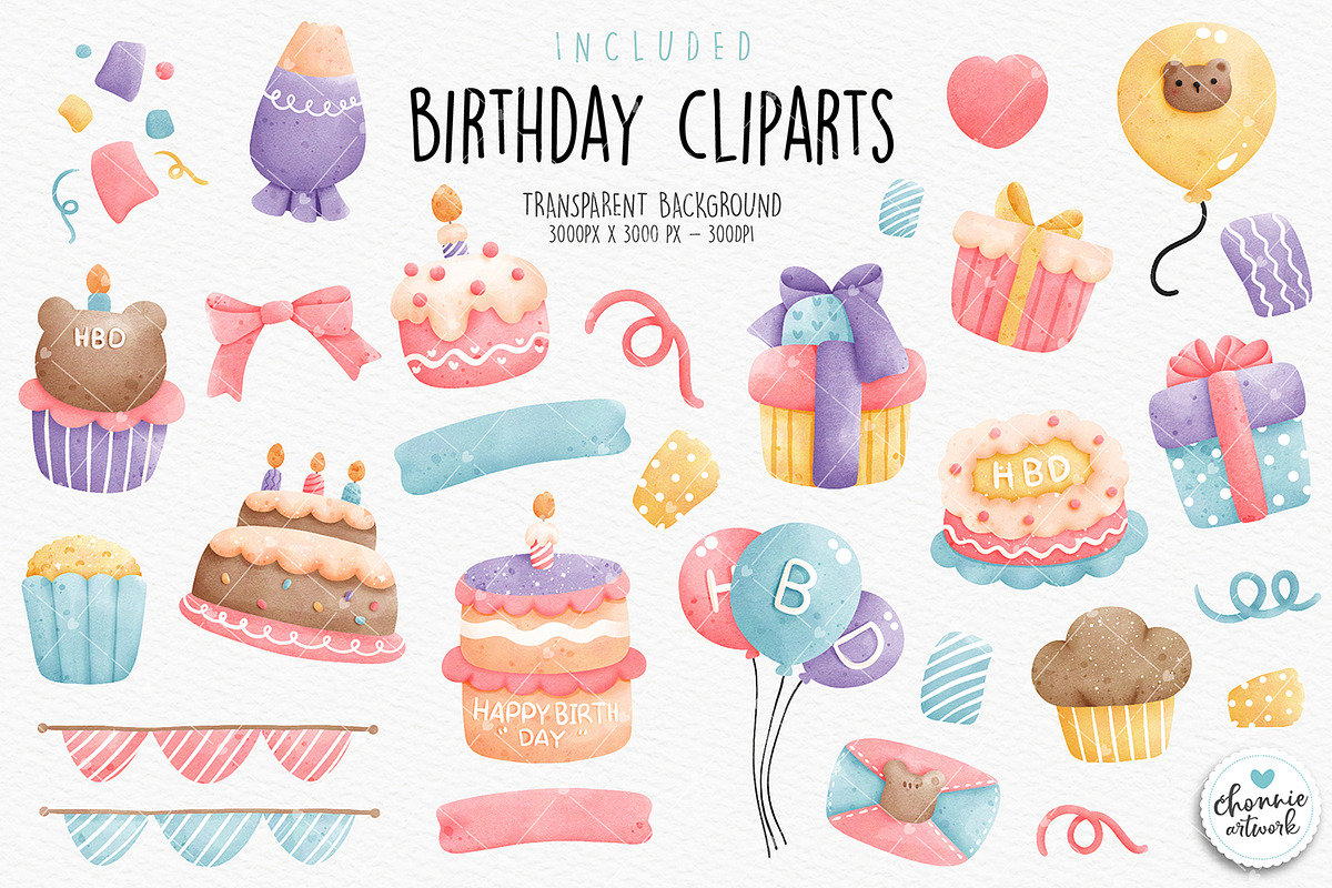 Little bear birthday clipart, an Animal Illustration by Chonnieartwork
