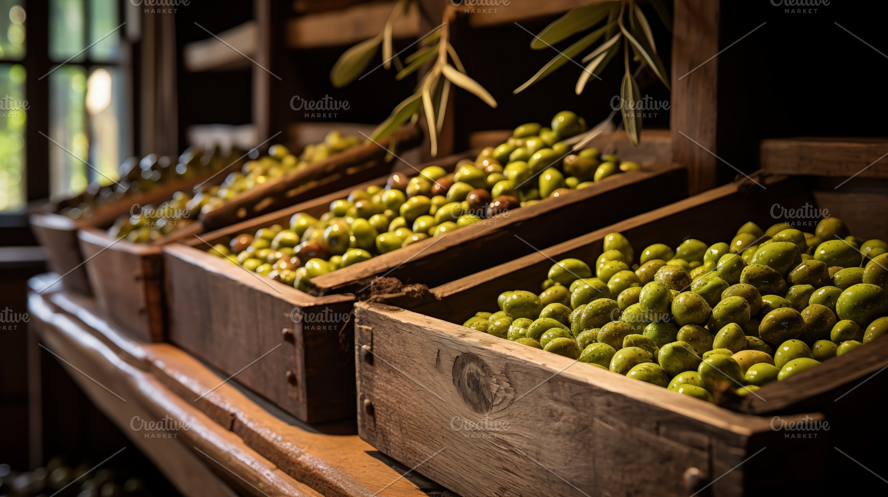 A rustic of fresh olives in wooden crates, showcasing various shades of ...