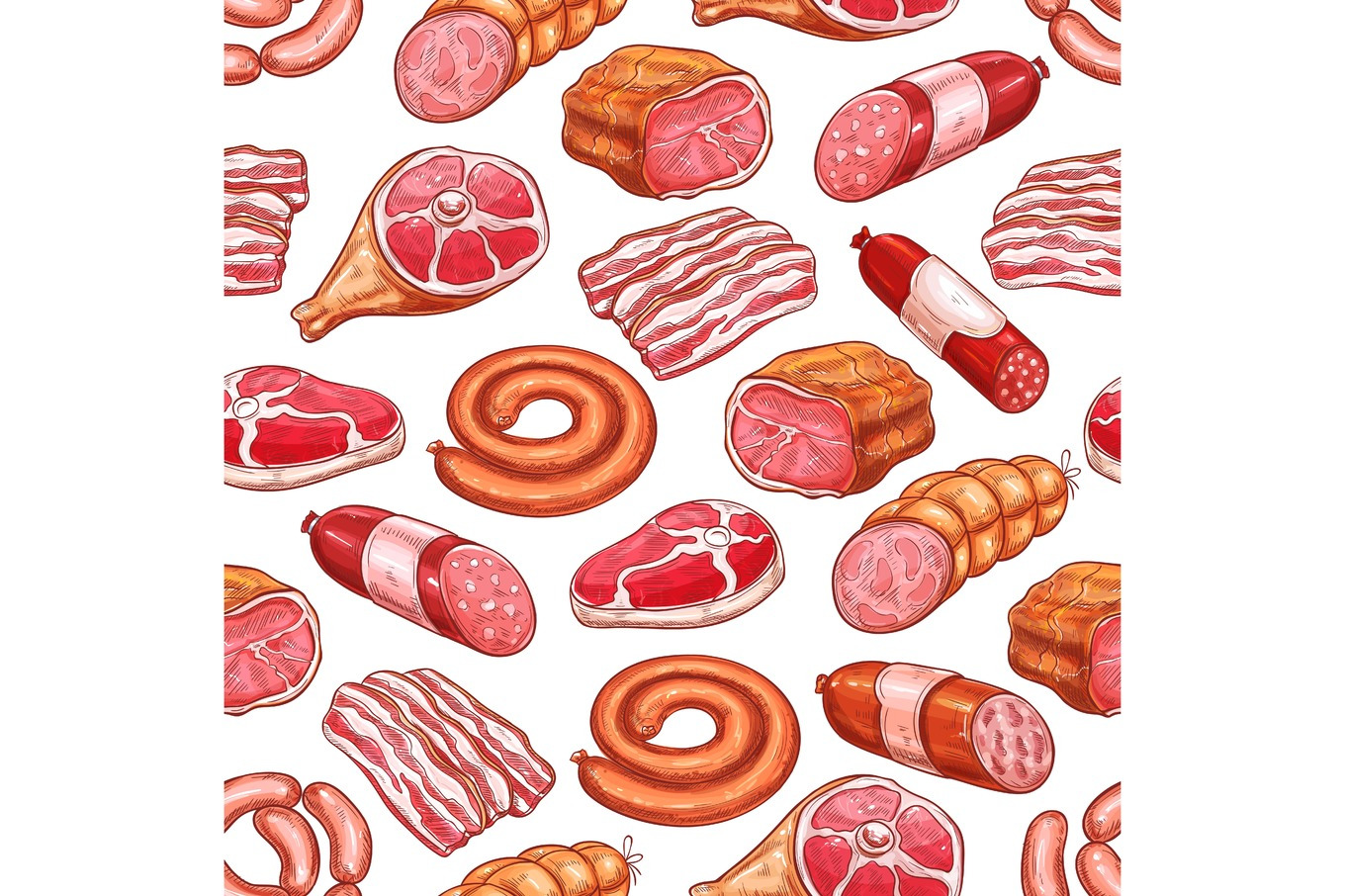 Vector seamless pattern of butchery meat products, a Food Illustration ...
