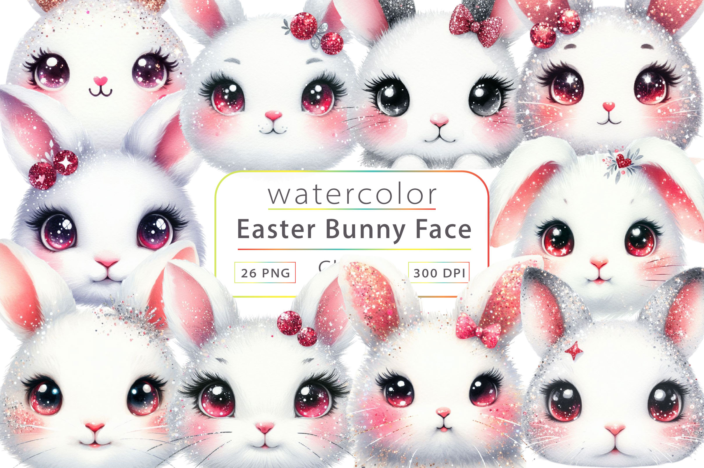 Easter Bunny Face Clipart Bundle, a Work Illustration by LiustoreCraft
