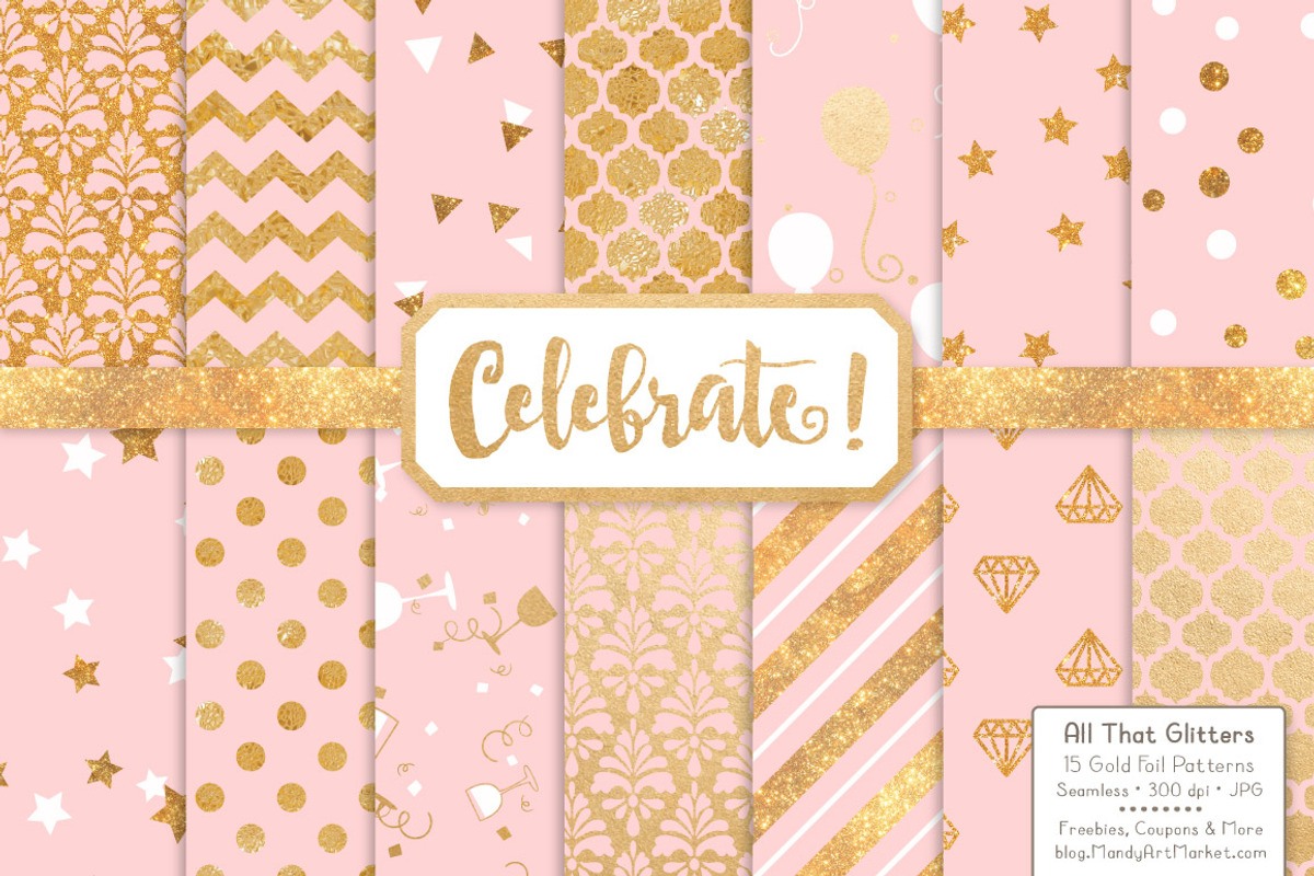 Soft Pink Gold Foil Digital Papers, a Pattern Graphic by Amanda Ilkov
