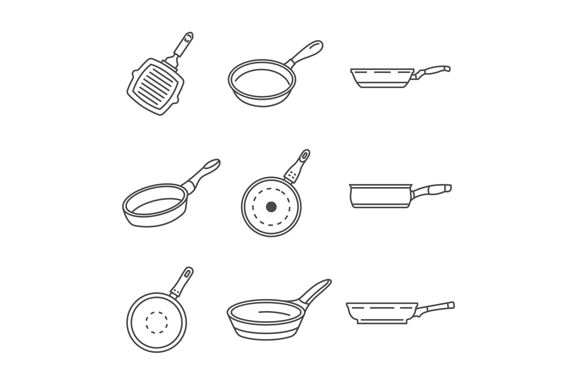 Griddle pan icon set, outline style, an Illustration by Ylivdesign