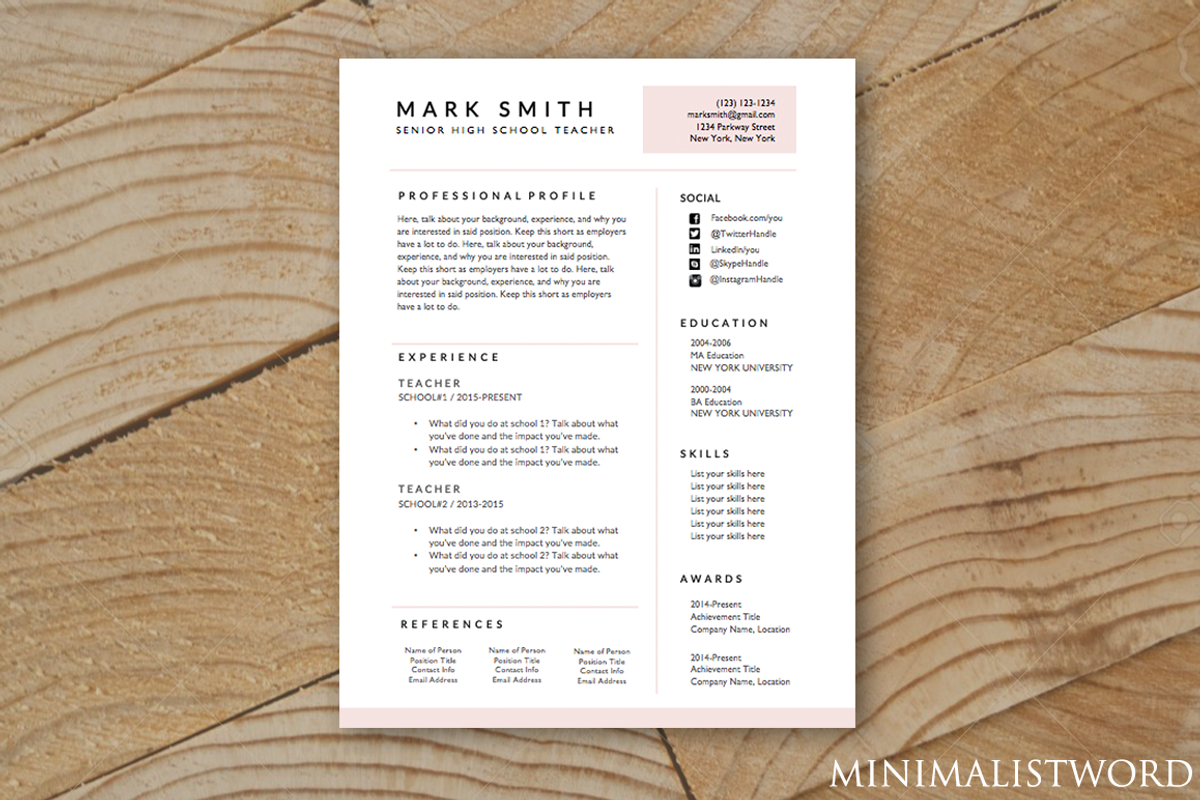 Pink Resume Template - MS Word, a Resume Template by MinimalistWord