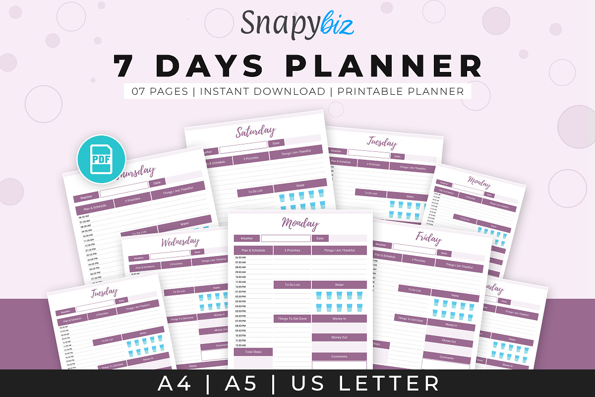 Printable 7 Day Planner, a Templates & Theme by Snapybiz