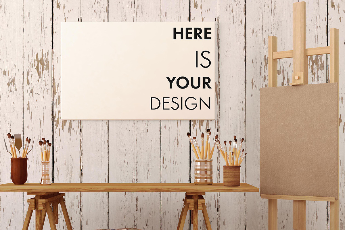Mock up poster in workshop interior, a Print Template by AlesyaShurueva