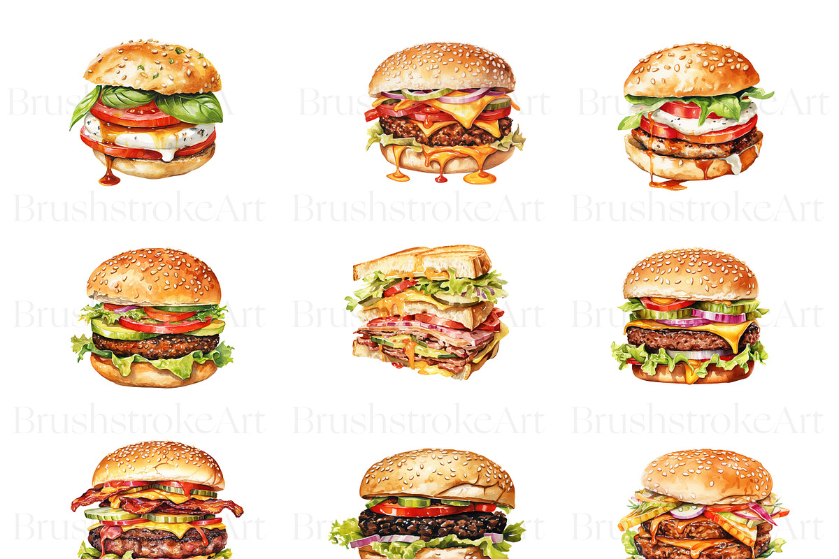Watercolor Burger Clipart Cheeseburger