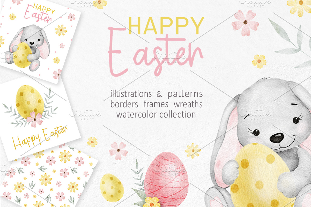 Cute Easter watercolor clipart & cards | Creative Market
