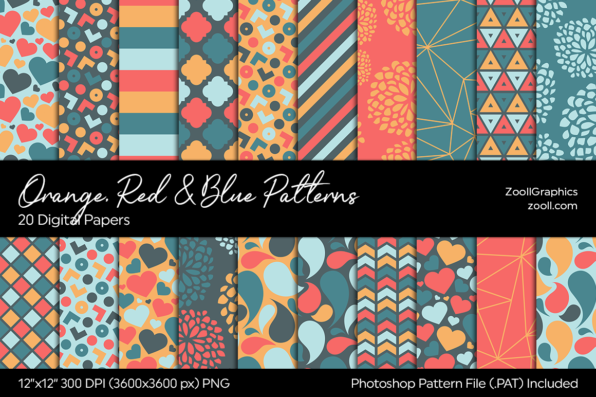Orange, Red & Blue Digital Papers, a Pattern Graphic by ZoollGraphics