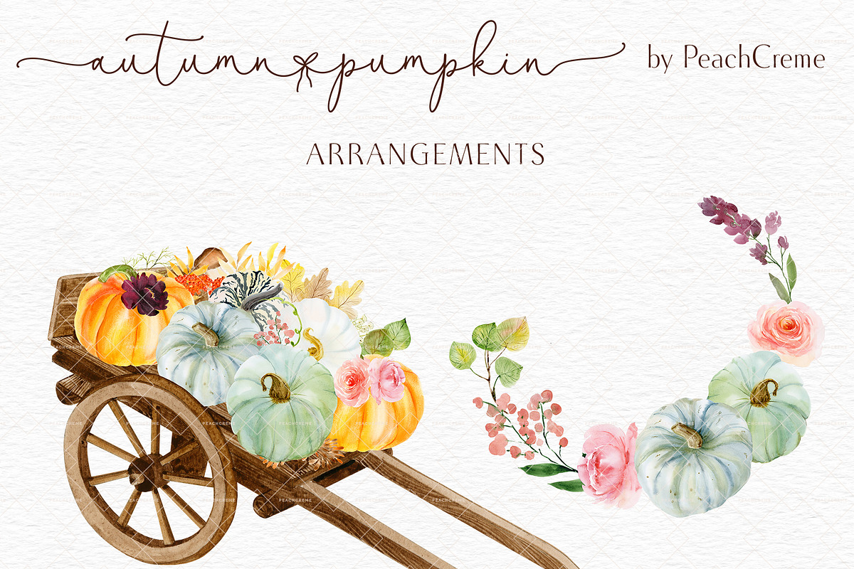 Autumn Pumpkin//Watercolor Set, an Illustration by PeachCremeArt
