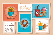 five designs of fast food icons, a Food Illustration by studiogstock