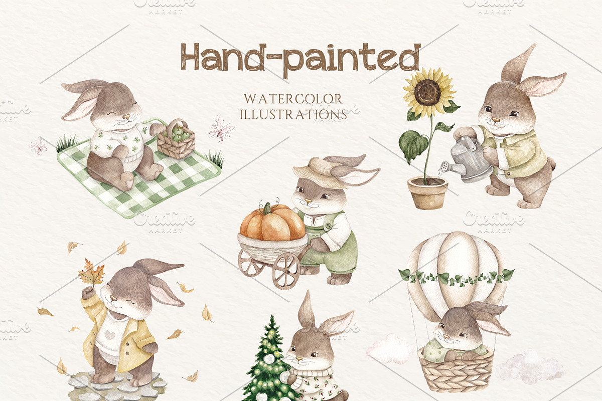 Cute Bunny Watercolor Clipart, an Animal Illustration by MolinArtStudio ...