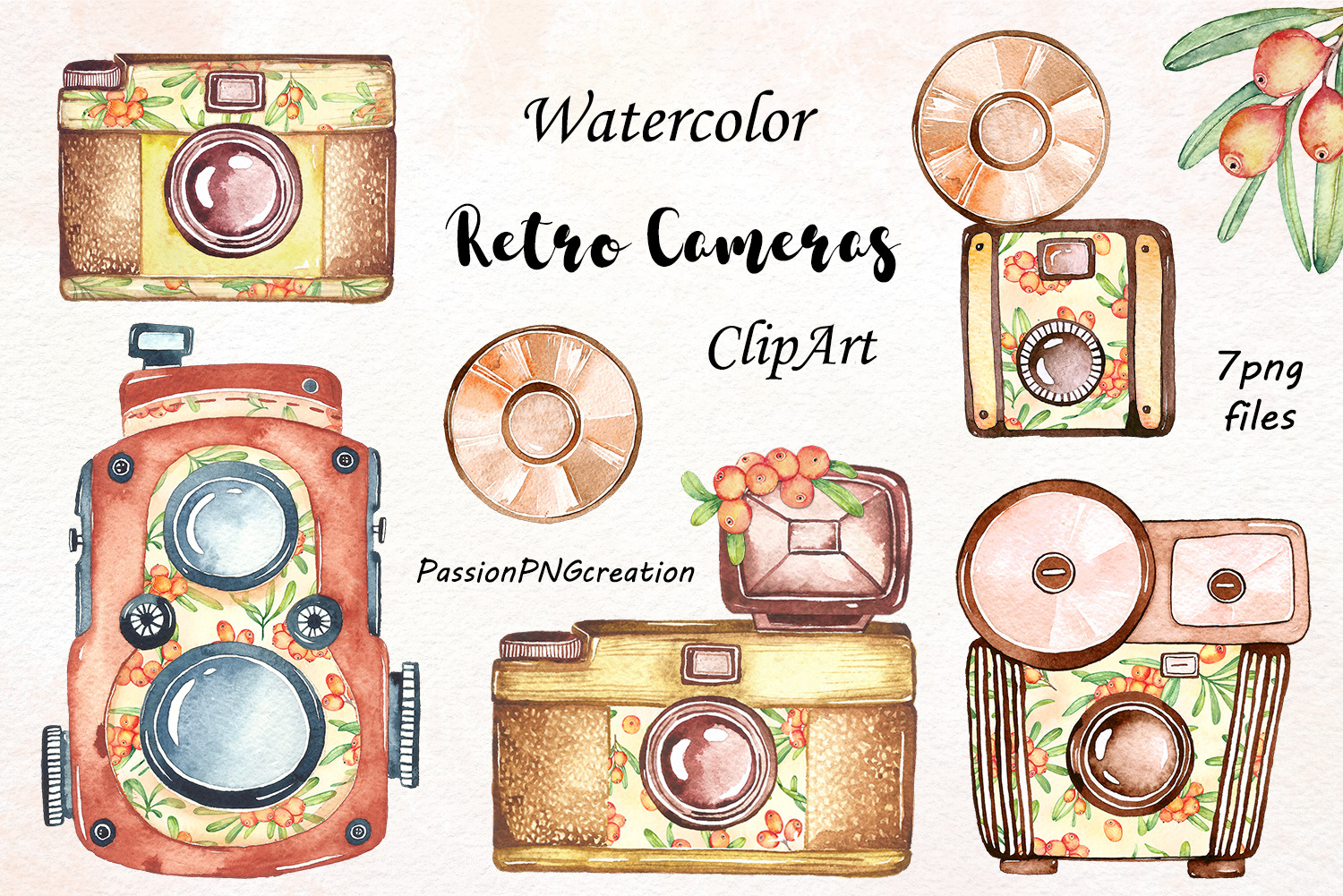 Watercolor Retro Cameras Clipart, a Decorative Illustration by ...