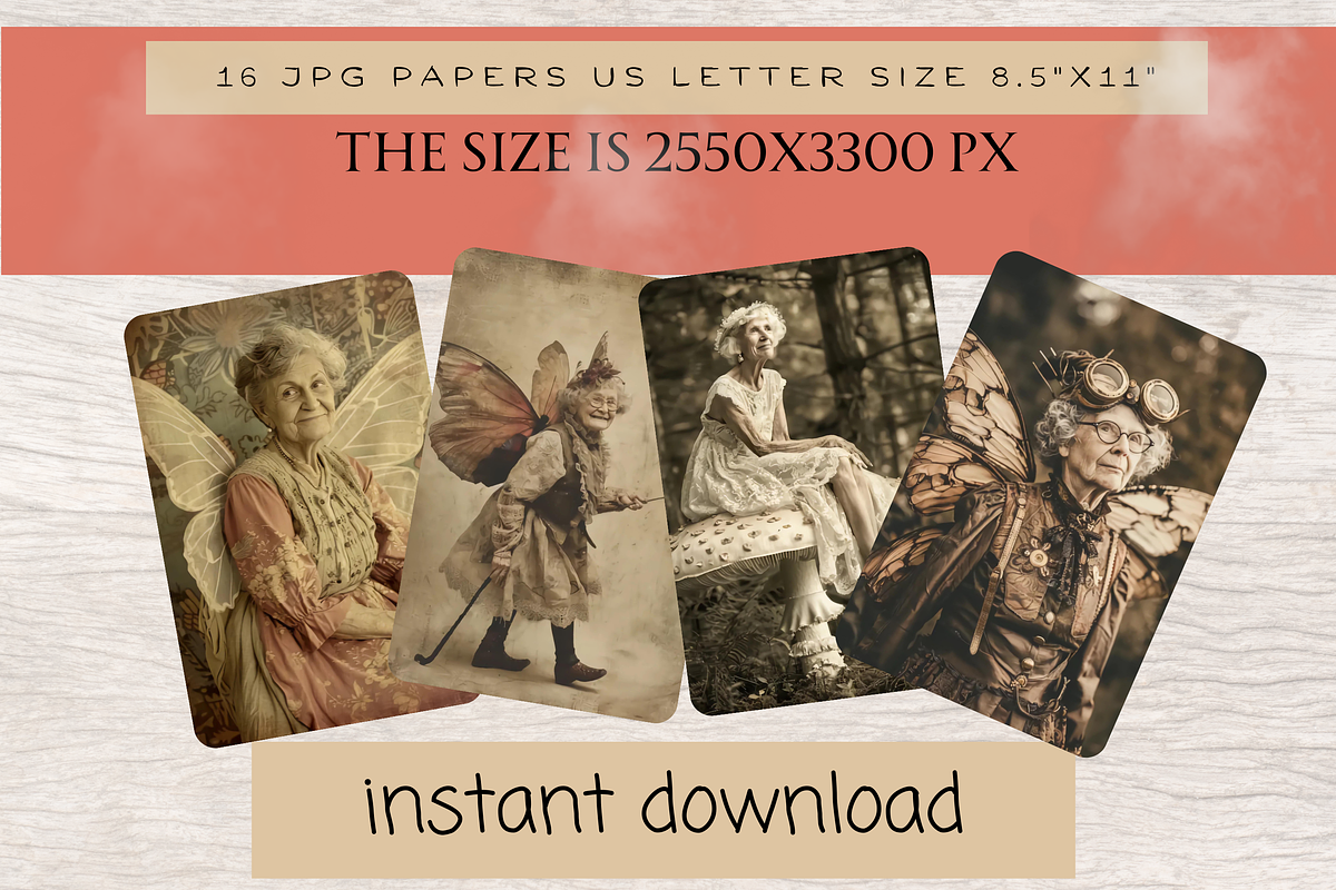 OLD LADY FAIRY JUNK JOURNAL PAGES, a Person Illustration by Daring Digies