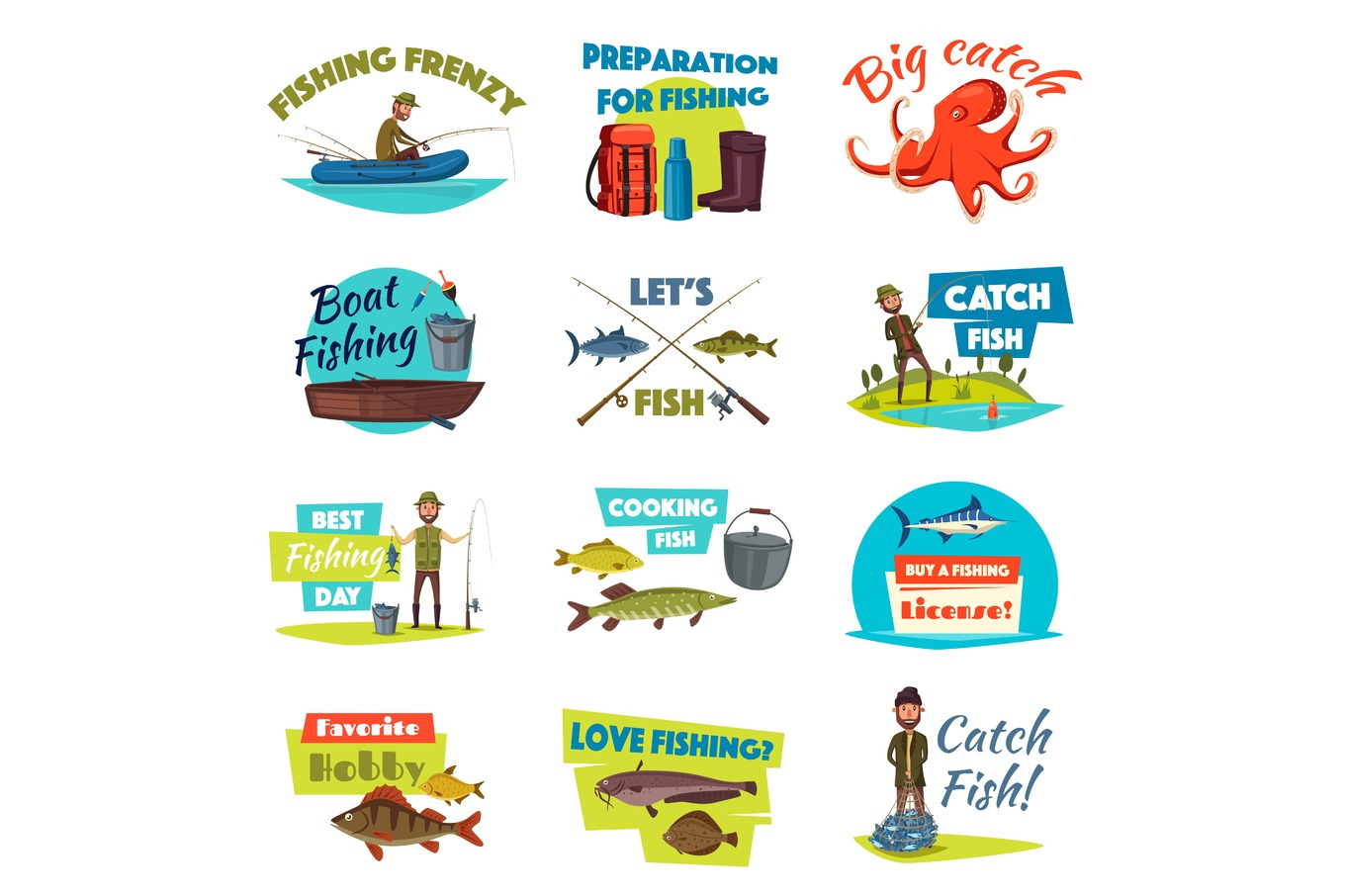 Fishing cartoon icon set with fisherman and fish, an Illustration by ...