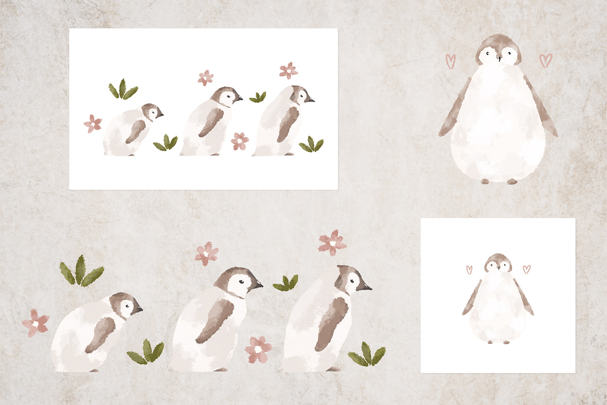 Cute penguins clipart and 3 patterns, an Animal Illustration by Leksart