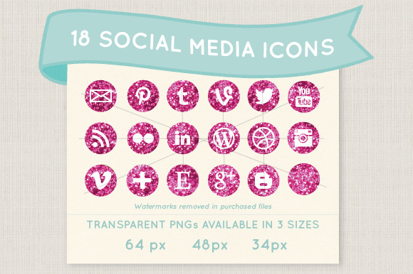 Pink glitter social media icons, an Icon by arrowisp designs