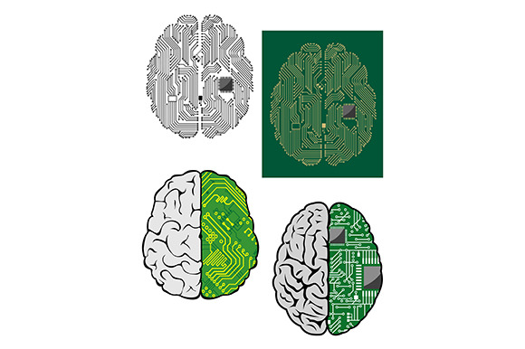 Human brain with computer motherboar, a Graphic by Vector Tradition