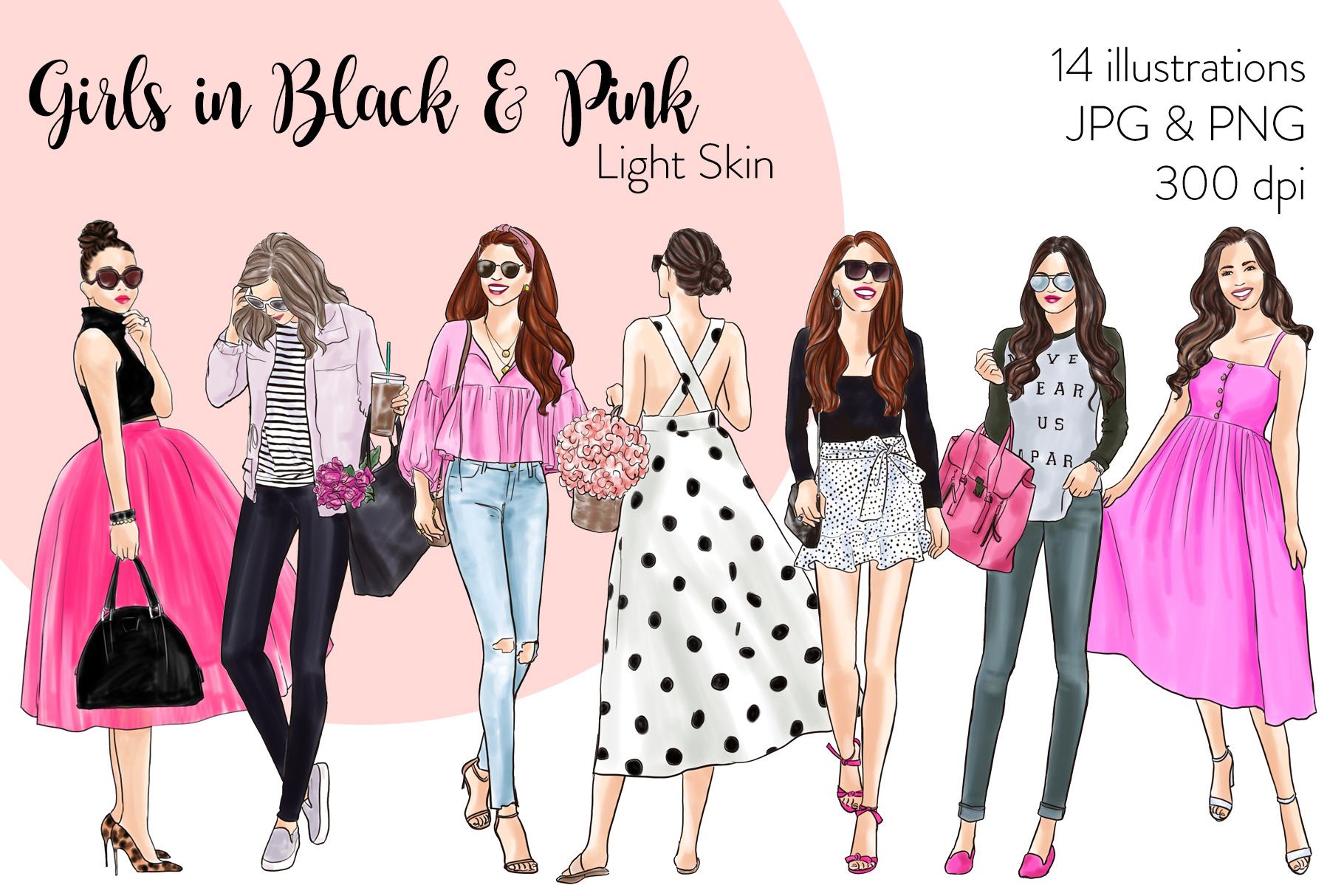 Girls in Black & Pink - Light Skin, an Illustration by Parinaz Wadia Design