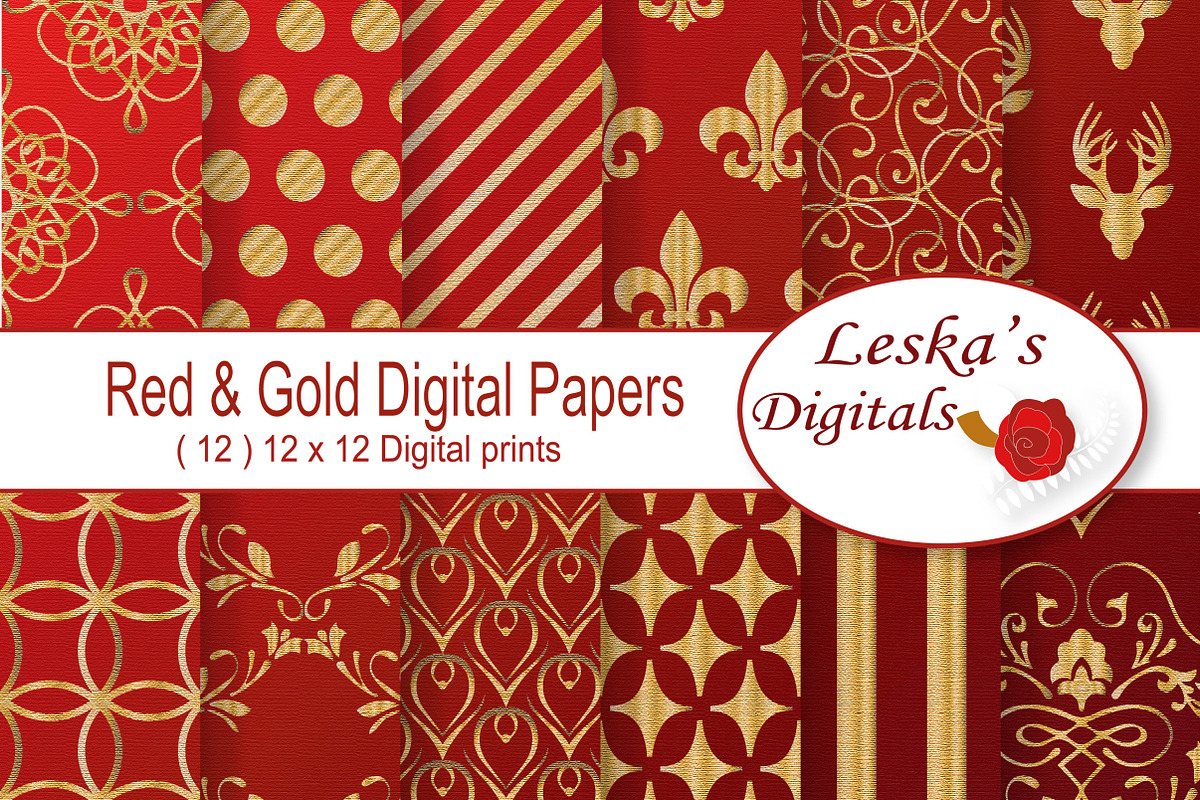 Gold and Red Digital Paper, a Pattern Graphic by Leska's Digitals