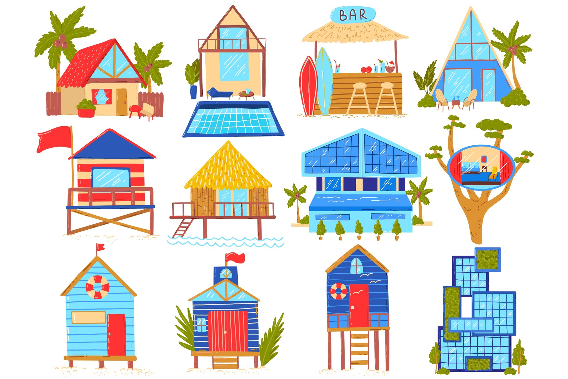 Beach houses vector illustration set, an Illustration by seahorsevector