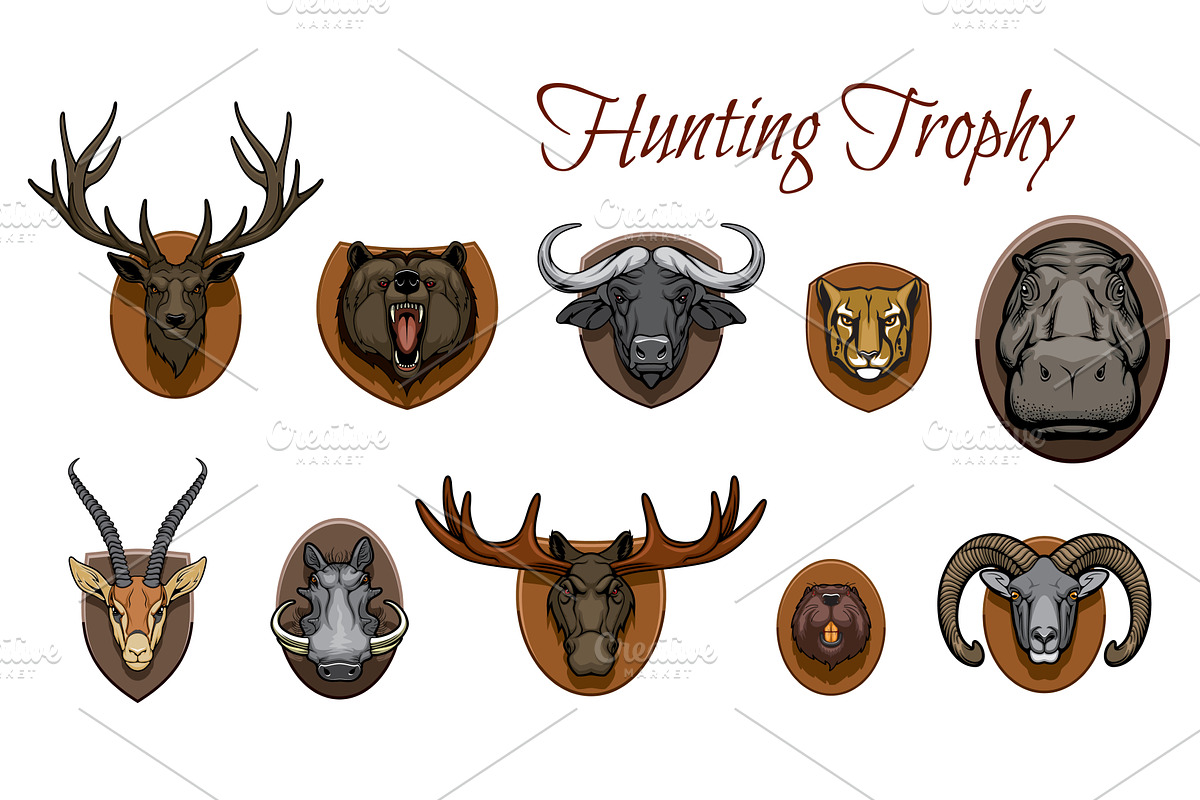 Hunting trophies, heads on wall, an Animal Illustration by Vector ...