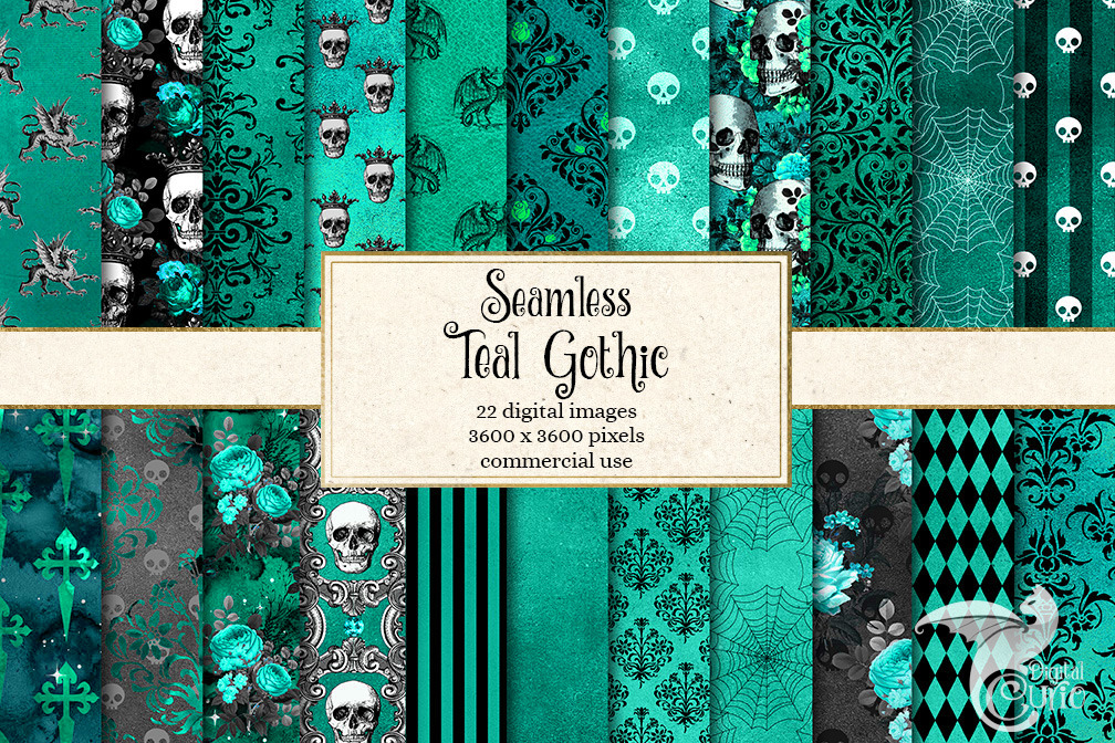 Teal Gothic Digital Paper, a Pattern Graphic by Digital Curio