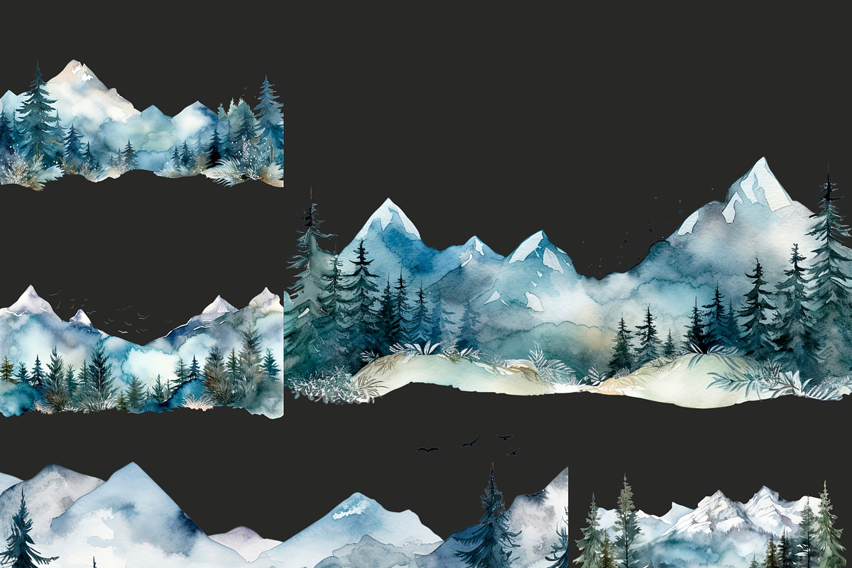 Watercolor Mountains Border Clipart, a Seasonal Illustration by Tanya Kart