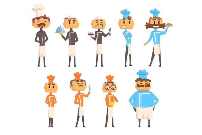 Restaurant Chef Cooks Set Of Man Cartoon Characters In Classic Double ...