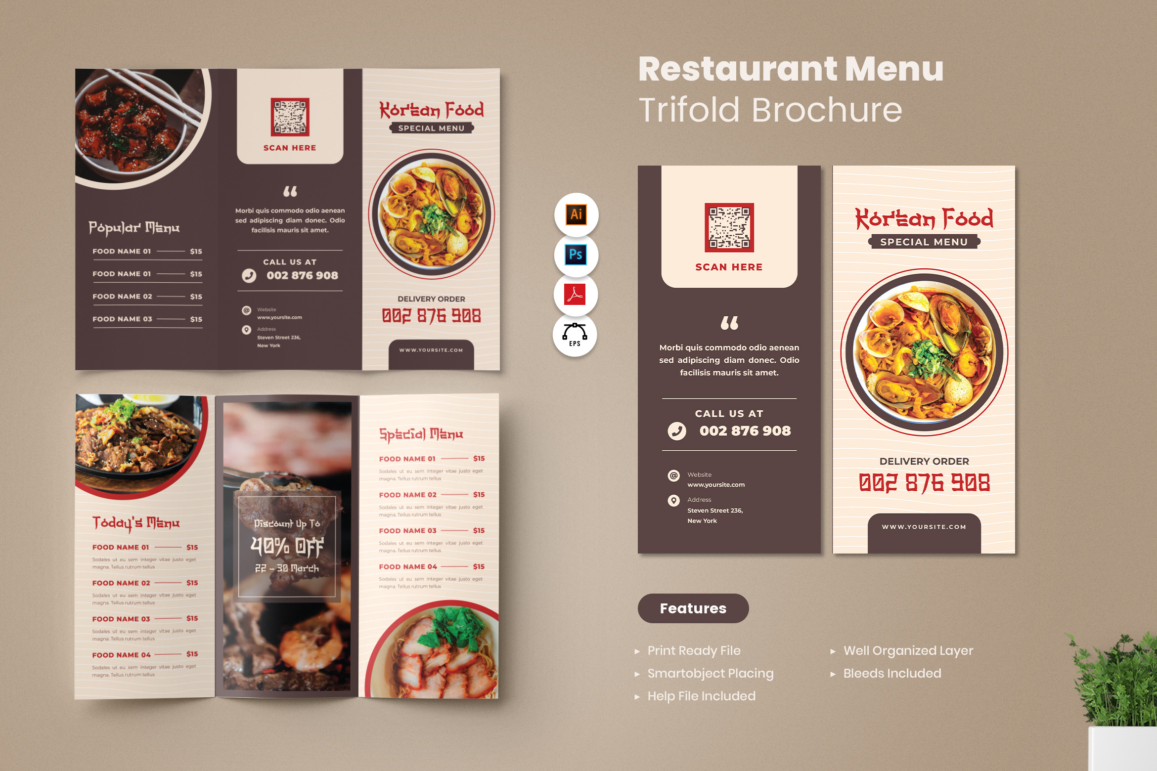 Restaurant Menu Trifold Brochure, a Brochure Template by Rahardi Creative