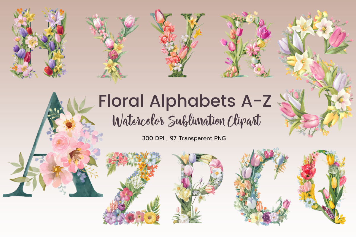 Floral Alphabets A to Z Clipart Pack, a Decorative Illustration by ...