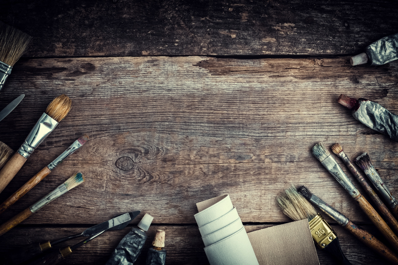 Paints, brushes on wooden backdrop., an Arts & Entertainment Photo by ...