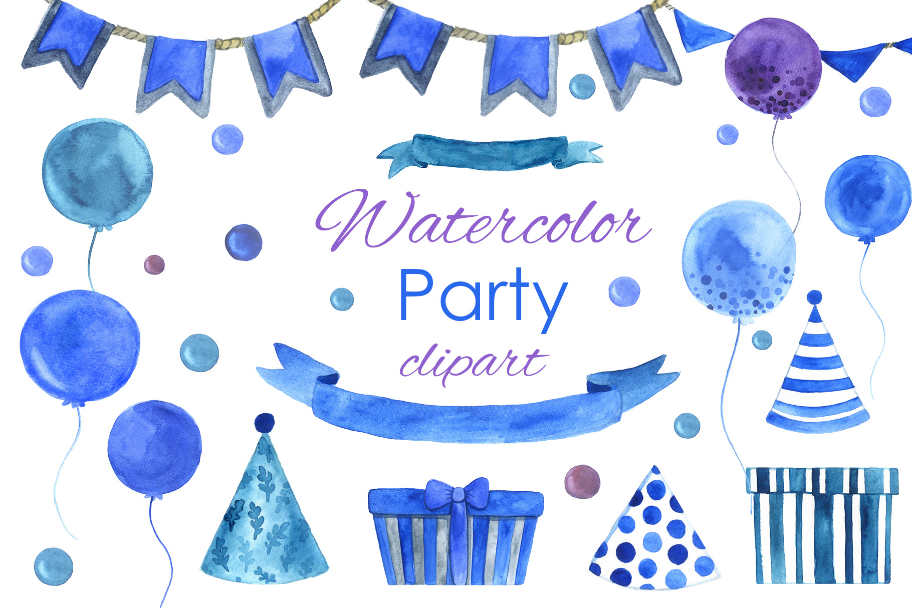 Watercolor birthday clipart blue png, a Decorative Illustration by ...