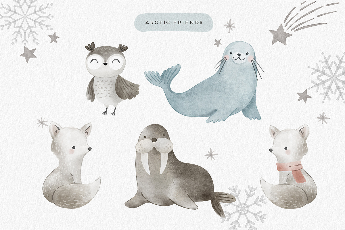 Arctic Animals Watercolor Clipart, an Animal Illustration by Point and ...