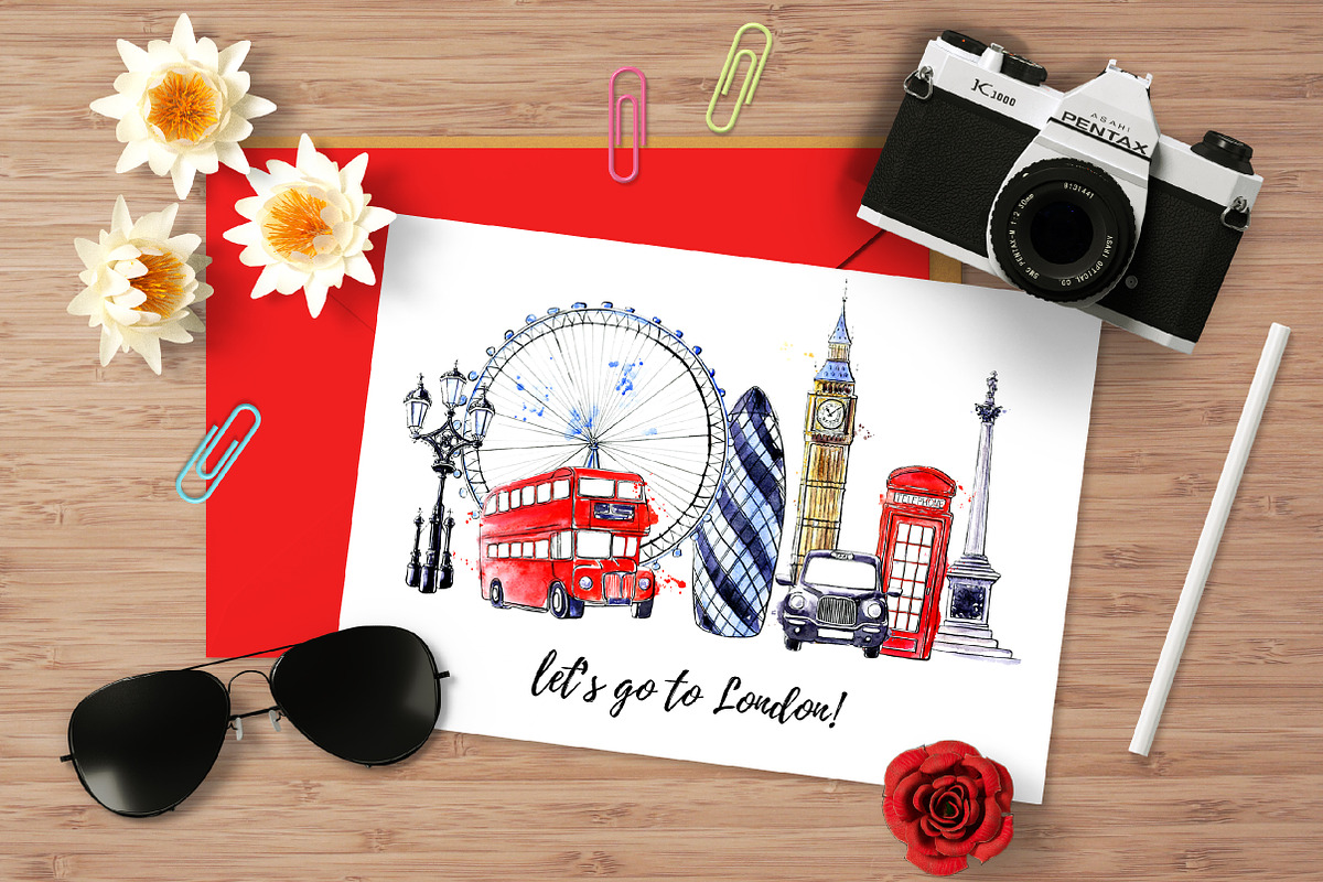 London trip Watercolor clip art set, an Illustration by Nataliartty