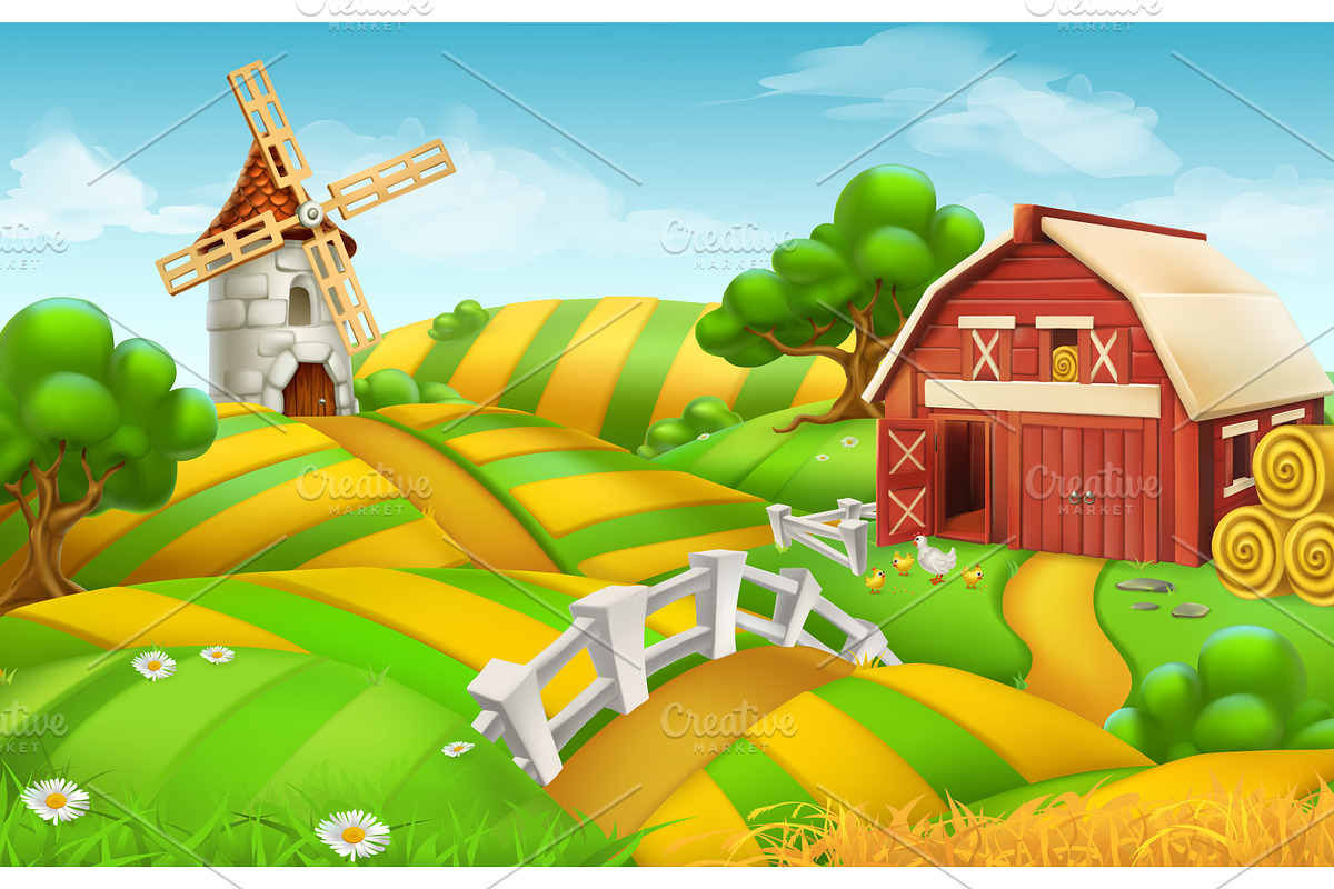 Farm field landscape, vector, an Illustration by Allevinatis Studio
