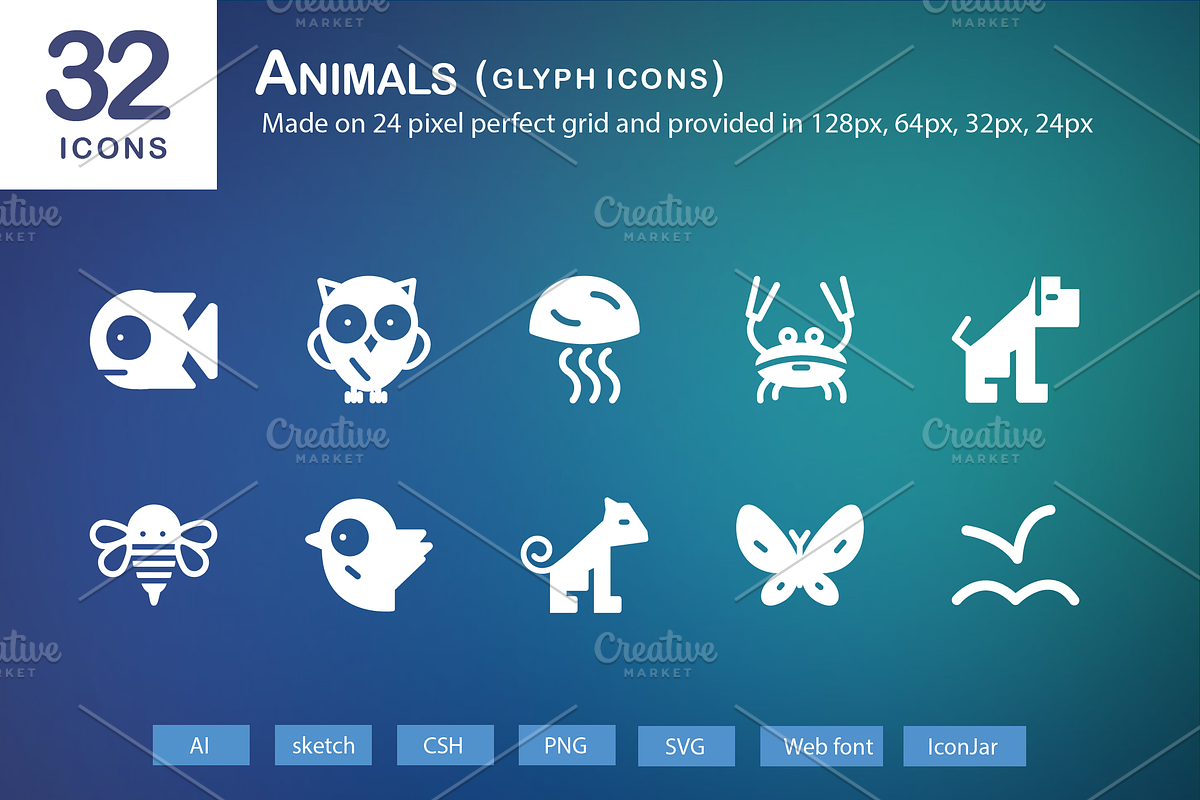 32 Animals Glyph Icons, an Icon by Vectopus.com