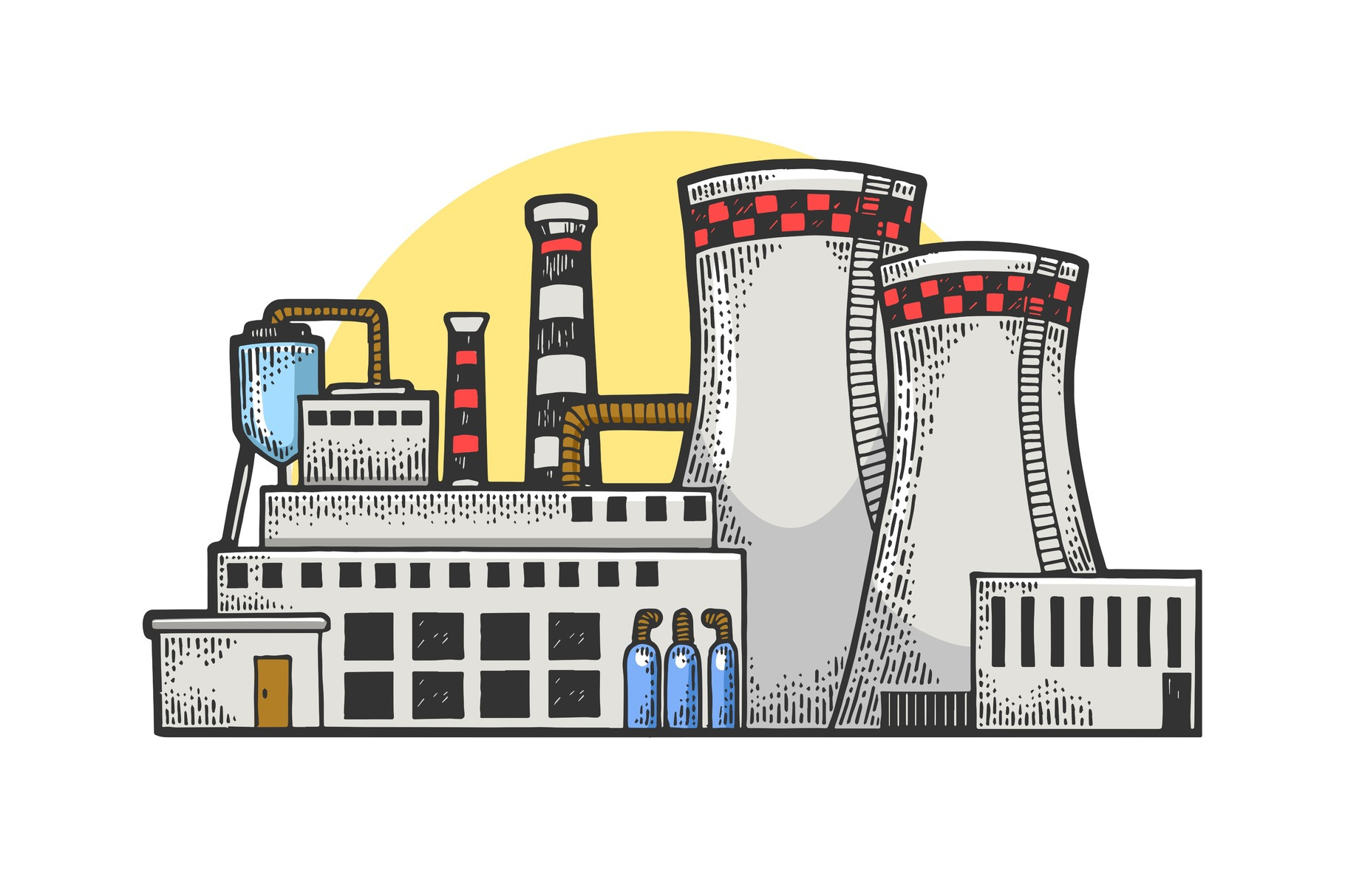 Nuclear power plant sketch vector, a Technology Illustration by AlexArt