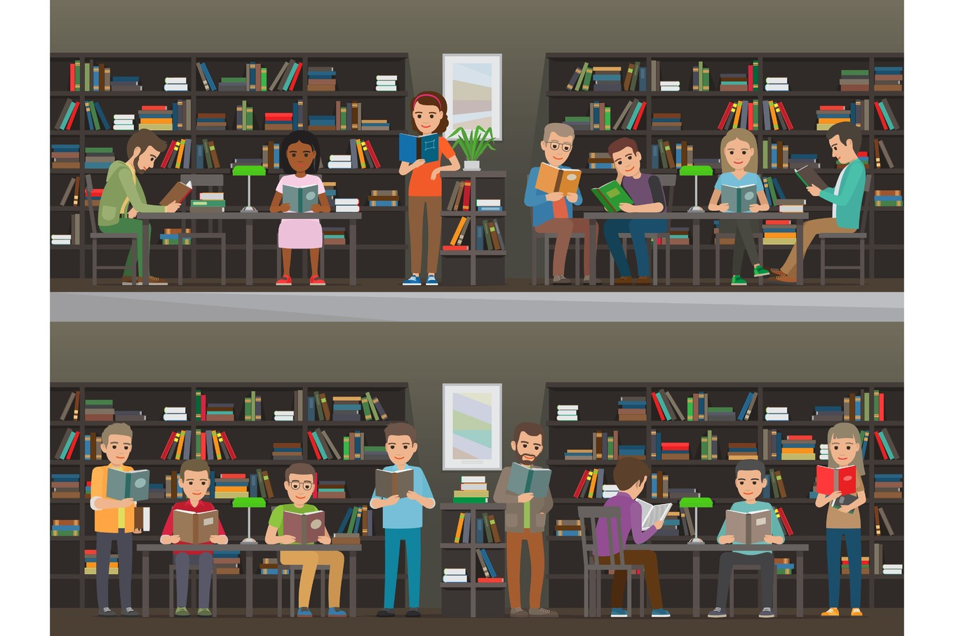 People Read in the Library Vector Illustration Set, an Education ...