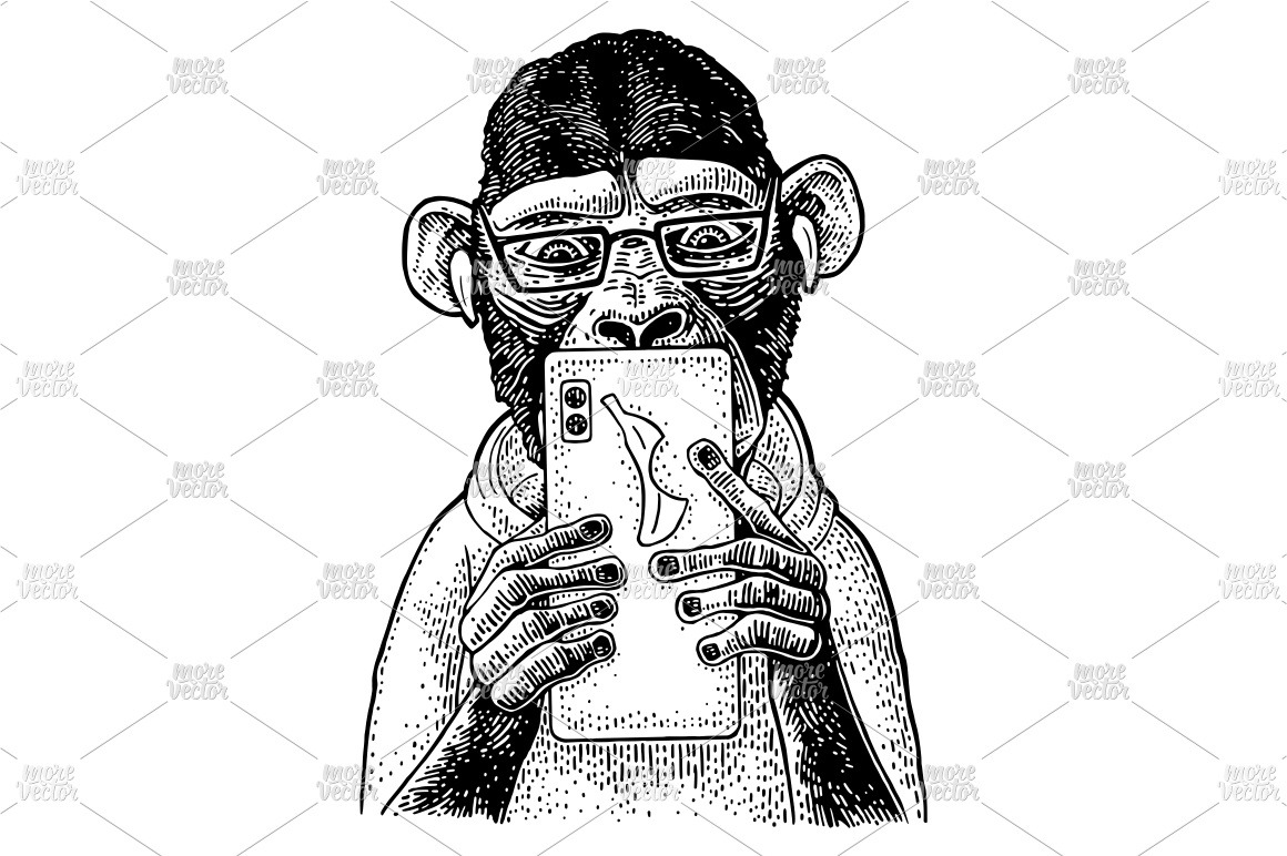 Monkey smartphone engraving, an Animal Illustration by MoreVector