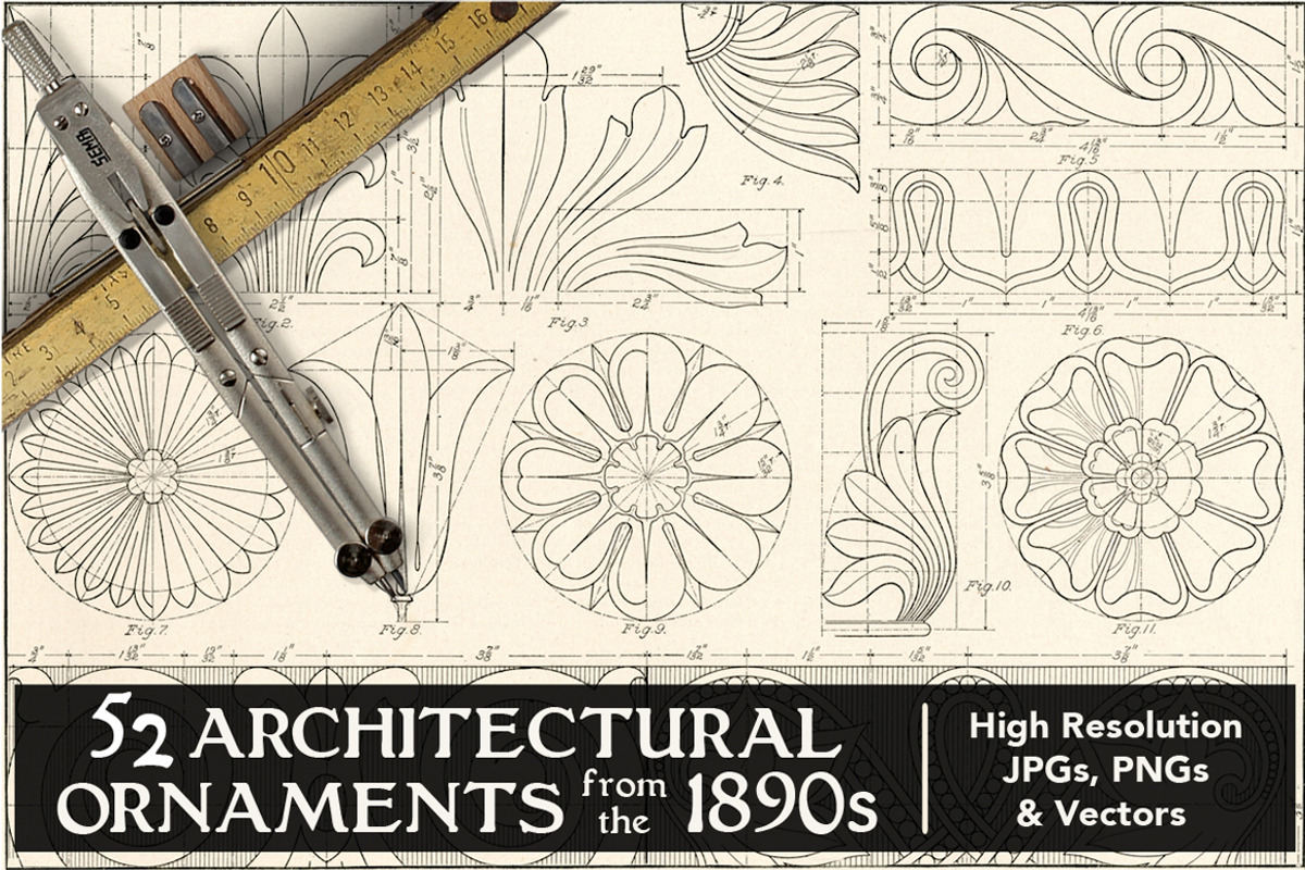 52 Vintage Architectural Ornaments, an Illustration by Piddix Archives