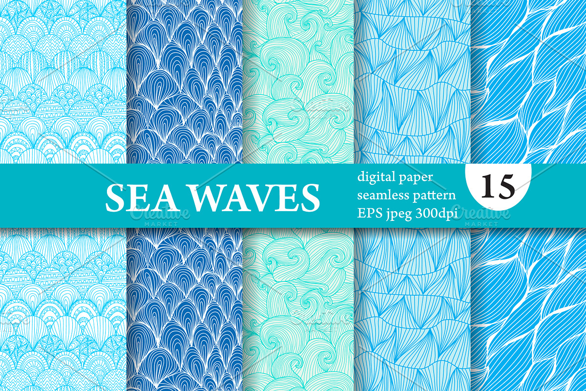 15 Sea Waves Seamless Patterns, a Pattern Graphic by Sunset&Sea Design